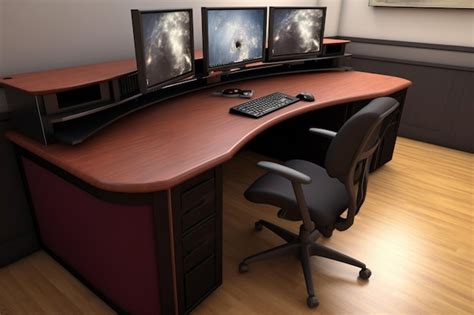 A Highly Detailed Digital Computer Table With A Sleek Minimalist Design Featuring A Dual Monitor
