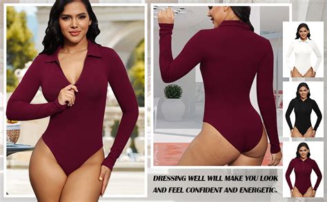 Tqd Womens Deep V Neck Long Sleeve Tops Bodysuit With Half Zip Up