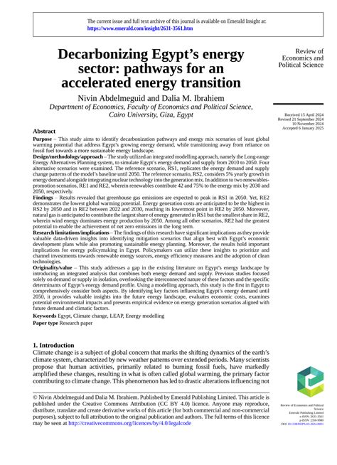 Pdf Decarbonizing Egypts Energy Sector Pathways For An Accelerated