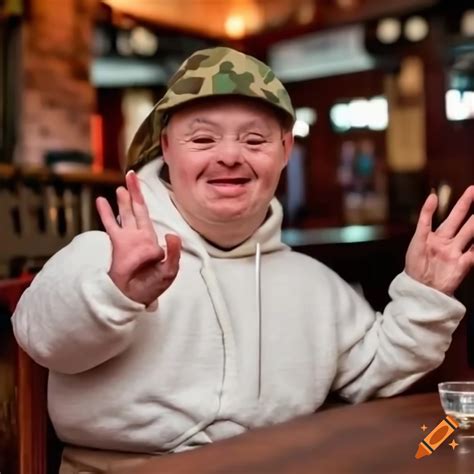 Happy Man With Downs Syndrome Waving At A Bar On Craiyon