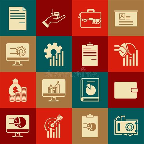 Set Safe And Money Wallet Pie Chart Infographic Briefcase Computer Monitor With Document