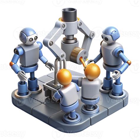Vibrant Modern A Group Of Robots Collaborating On A Complex Engineering Project Industrial