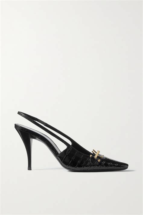Saint Laurent Blade Embellished Croc Effect Leather Slingback Pumps Black ShopStyle