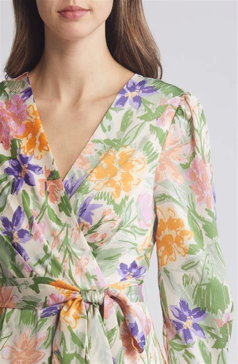 Tahari Asl Floral Print Tie Waist Long Sleeve Faux Wrap Midi Dress