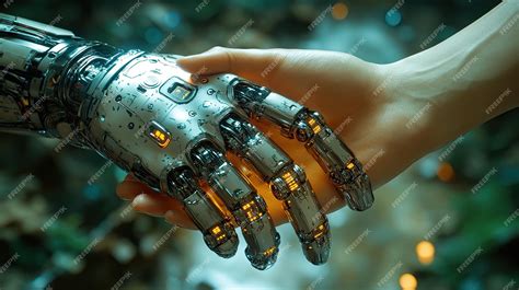 A Robotic Hand Clasps A Human Hand Symbolizing The Future Of Humanmachine Interaction Premium