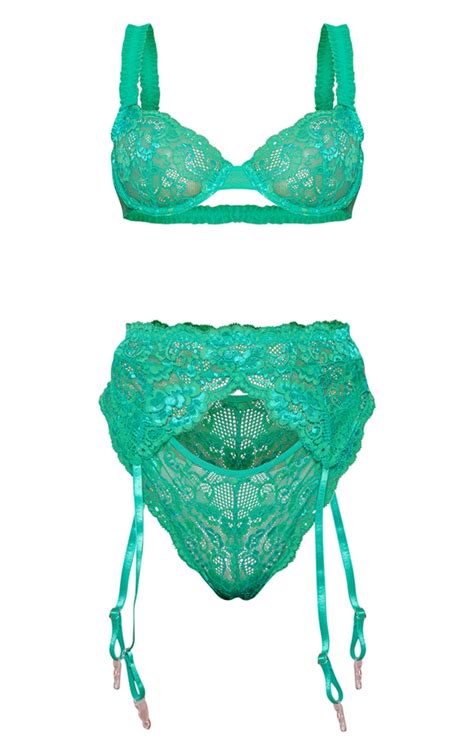 Green Mesh Frill Detail Lace 3 Piece Lingerie Set Lingerie