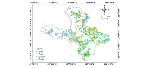 locations of sampling points of the four dominant tree species