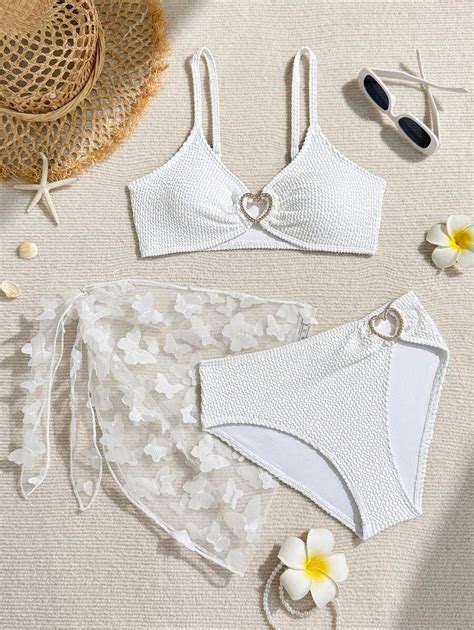 Tween Girl Cute 3 Piecesswimwear Set With Sarongruffled Trim Shein Usa