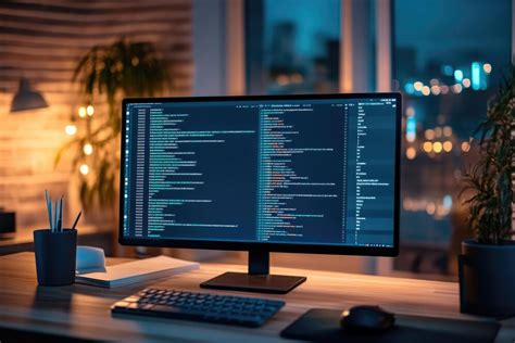Nighttime Work Setup With Computer Screen Displaying Code Premium Ai Generated Image