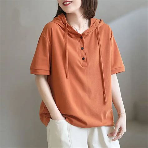 여성용 반팔 순면 후드 티셔츠 심플하고 편안한 한국 후드 캐주얼 루즈한 얇은 티셔츠 2022 여름 신상후드티 And 스웨터 Aliexpress