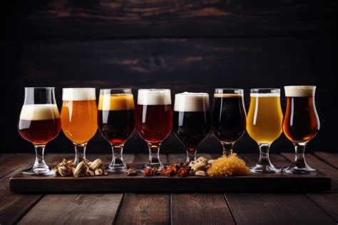 Different Types Of Beers Displayed On A Wooden Table Close Up With Empty Space Premium AI