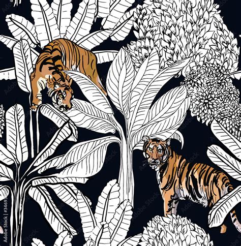Tigers Hidden In Tropical Plants Outline Drawing On Black Background