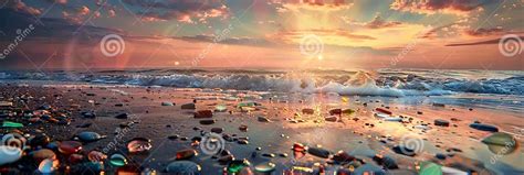Colorful Sea Glass And Pebbles On A Sandy Beach At Sunset Stock
