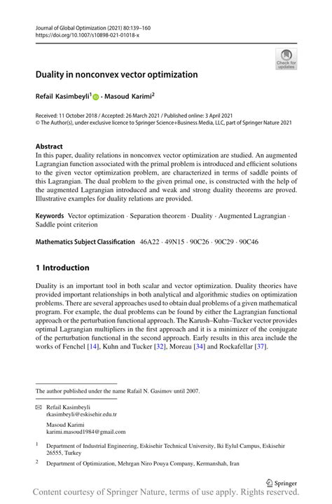 duality in nonconvex vector optimization request pdf