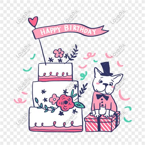 손으로 그린 분홍색 생일 케이크와 강아지 Png 무료 자료 Png 일러스트 무료 다운로드 Lovepik