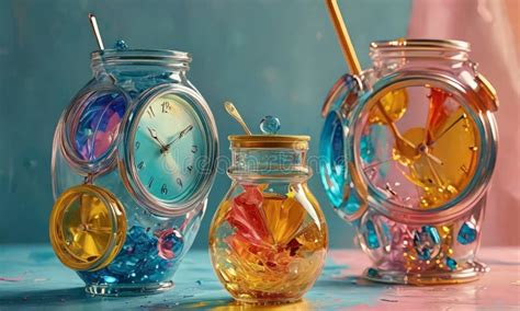 Three Colorful Glass Jars With Clocks And Other Objects Are Arranged On Blue Surface With Pink
