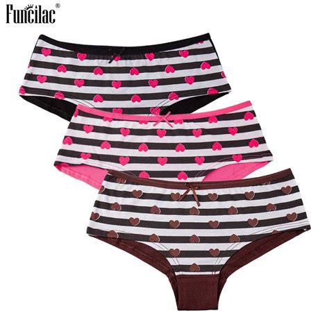 Funcilac Underwear Women Heart Print Briefs Cotton Stripes Patchwork