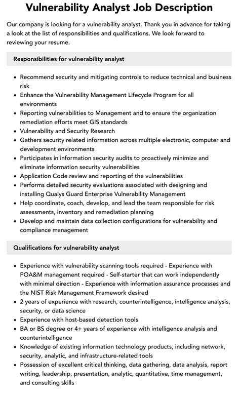 Vulnerability Analyst Job Description Velvet Jobs