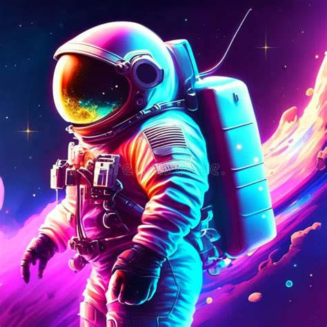 Astronaut In Outer Space Vector Illustration In Neon Style Stock