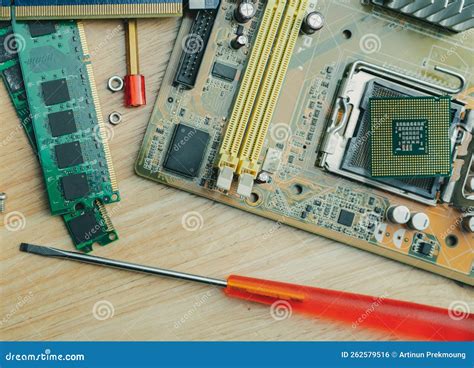 Computer Chip On Electronic Circuit Board Of Pc Motherboard And