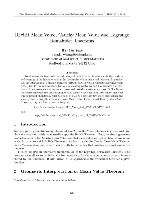 Pdf Revisit Mean Value Cauchy Mean Value And Lagrange Remainder Theorems