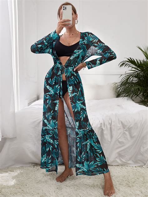 Tropical Print Drawstring Kimono Tropical Print Womens Kimono