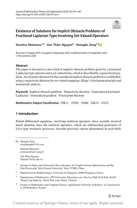 Pdf Existence Of Solutions For Implicit Obstacle Problems Of Fractional Laplacian Type