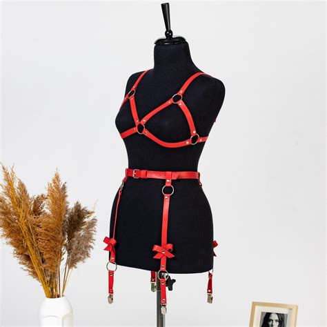 Full Body Harness With Garter Straps Adjustable Red Harness With Bow