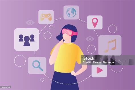 혁신 엔터테인먼트 고객 여성은 가상 현실 안경을 착용하고 추상 그래프 및 모바일 아이콘과의 상호 작용을 합니다 Vr App
