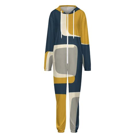Abstract Geometric Mustard Gray Design Unisex Adult Onesie Pajamas With