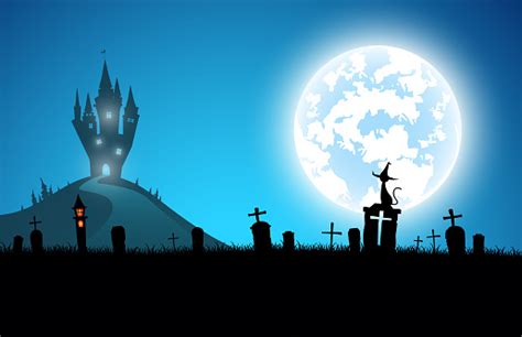 그림 할로윈 축제 배경 무덤에 검은 고양이와 함께 어두운 밤에 보름달 축하 할로윈 날을 위해 성으로 걸어가는 많은 유령과 악마 10월에 대한 스톡 벡터 아트 및 기타 이미지