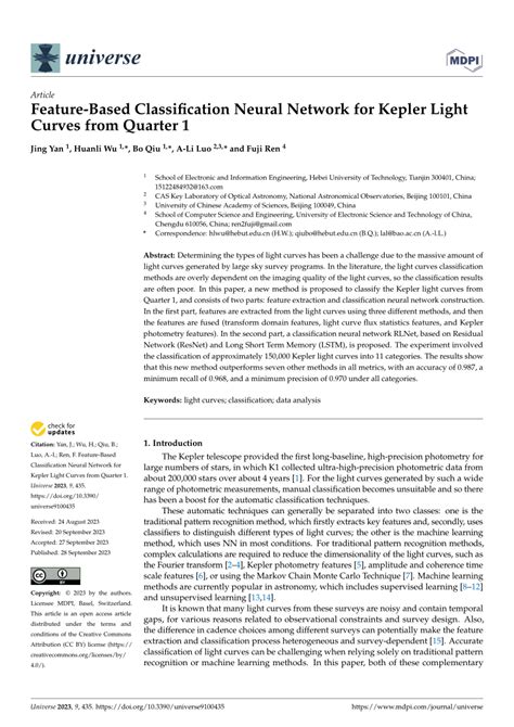 PDF Feature Based Classification Neural Network For Kepler Light Curves From Quarter