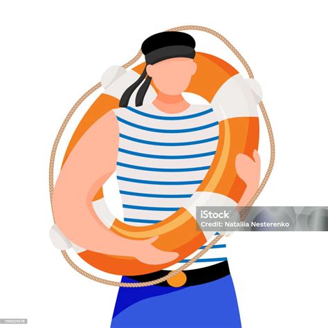 보트 스웨인 플랫 벡터 그림입니다 작업 유니폼선원 해양 점령 흰색 배경에 구명 부표 고립 만화 캐릭터를 가진 선원 가공의 인물에 대한 스톡 벡터 아트 및 기타 이미지