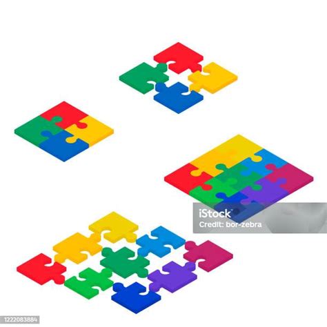 퍼즐 사각형 아이소메트릭 다이어그램의 조각 직소 퍼즐 정보 그래픽 조각그림 맞추기에 대한 스톡 벡터 아트 및 기타 이미지