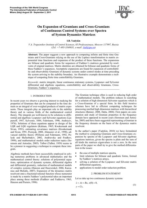 Pdf On Expansion Of Gramians And Cross Gramians Of Continuous Control Systems Over Spectra Of