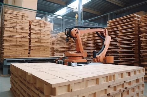 Premium AI Image Palletizing Robot Handling And Stacking Wooden Pallets In Warehouse Created