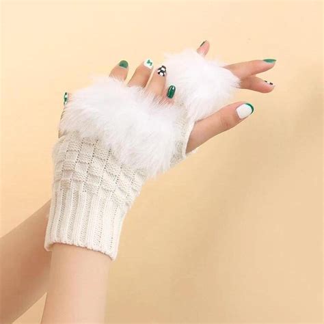 White Knit Fluffy Trim Fingerless Gloves Perfect Add Depop