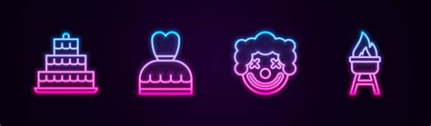 불타는 촛불 여성 드레스 광대 머리와 바베큐 그릴 세트 라인 케이크 빛나는 네온 아이콘 벡터 0명에 대한 스톡 벡터 아트 및 기타 이미지 Istock