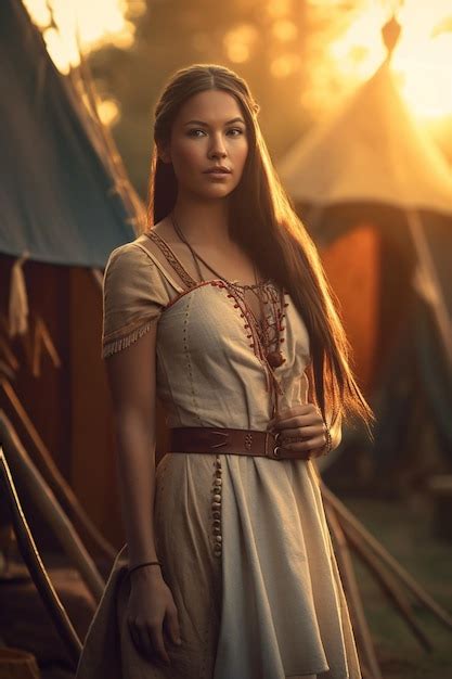 Premium Ai Image A Woman In A White Dress Stands In Front Of A Tent With The Sun Shining On