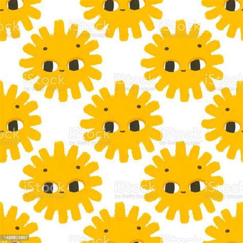 얼굴이 있는 재미있는 노란색 태양이 있는 단순한 이음매 없는 패턴 하얀 바탕에 태양이 있는 귀여운 유치한 예술 베이비 디자인 및 프린트 패브릭 디자인 벽 아트 랩핑 패퍼 0