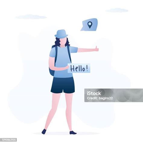 길에서 귀여운 여성 히치하이커가 빈 보드를 들고 있습니다 자동 정지 개념 세계를 여행 할 시간 휴일 여름 방학 배낭을 가진 여성 관광객 고속도로에 대한 스톡 벡터 아트 및
