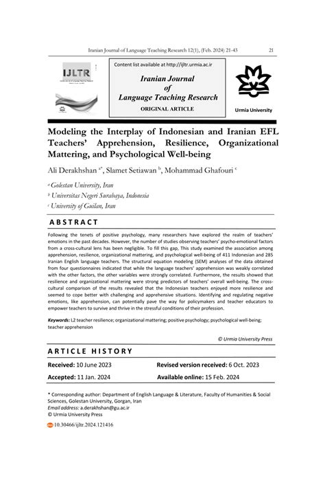 Pdf Modeling The Interplay Of Indonesian And Iranian Efl Teachers Apprehension Resilience