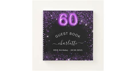 Guest Book 60th Birthday Black Purple Glitter Name Zazzle