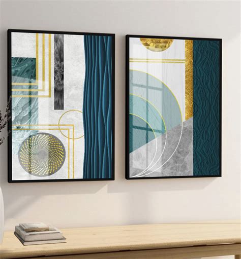 Quadros Decorativos Geométrico Azul Dourado Moldura E Vidro