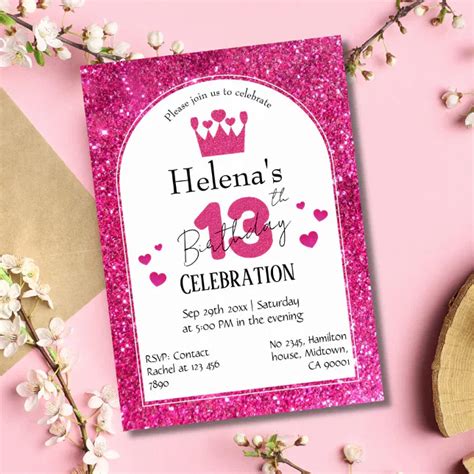 Pink Glitter Cute Vibrant Sparkling 13th Birthday Invitation Zazzle