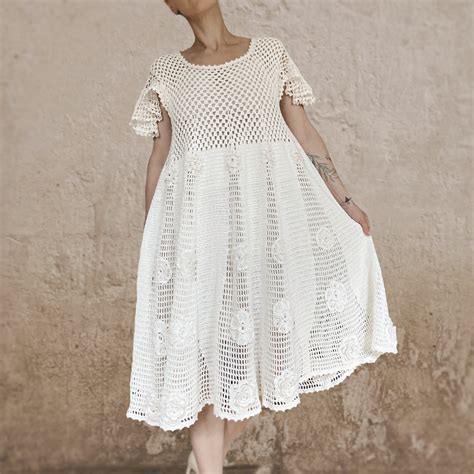 Crochet Sheer Summer Dress White Lace Wide Midi Dress Floral Cotton