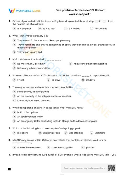 Free Printable Tennessee Cdl Hazmat Worksheet Part 11