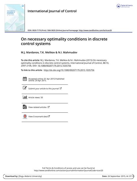 Pdf On Necessary Optimality Conditions For Discrete Control Systems