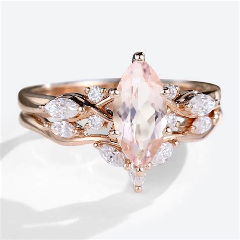 Rose Gold Marquise Cut Morganite Ring With Curved Wedding Ring