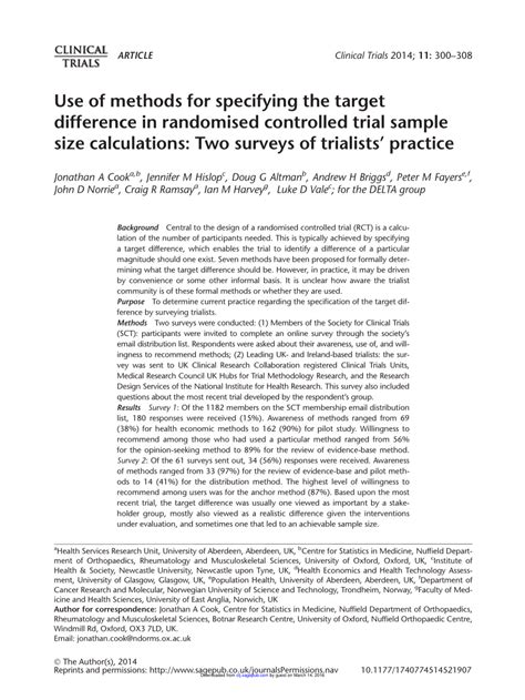 Pdf Use Of Methods For Specifying The Target Difference In Randomised Controlled Trial Sample